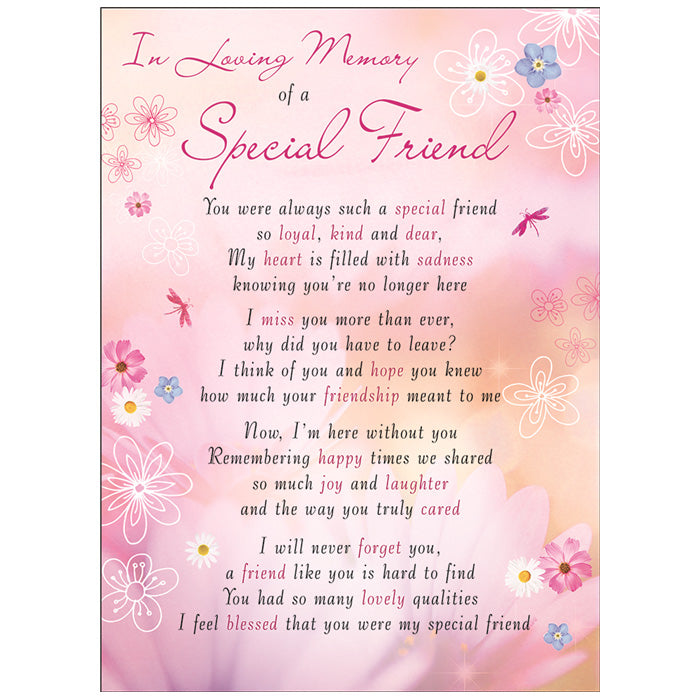 Special Friend Memorial Remembrance Verse Plastic Coated Card ...